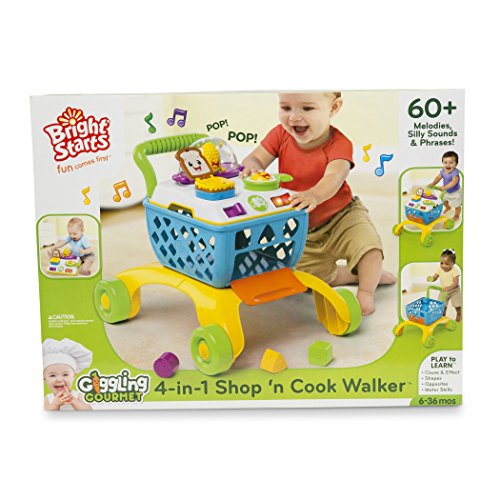 Bright Starts Giggling Gourmet 4-in-1 Shop ‘n Cook Walker Shopping Cart Push-Toy, Ages 6 months +