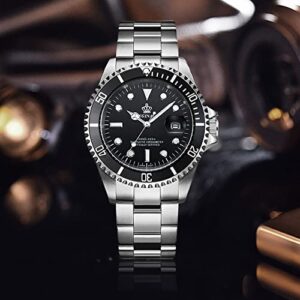 FANMIS Mens Luxury Watches Rotatable Bezel Sapphire Glass Luminous Hand Quartz Silver Tone Stainless Steel Watch (Black)