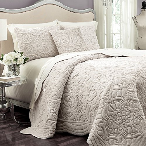 VUE Plush Decor Modern Glam Floral 3-Piece Quilt Bedding Coverlet Set, King, Ivory