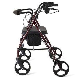 Medline Heavy Duty Rollator Walker with Seat, Bariatric Rolling Walker Supports up to 500 lbs, Large 8-inch Wheels, Burgundy