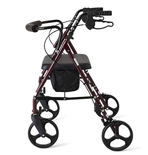 Medline Heavy Duty Rollator Walker with Seat, Bariatric Rolling Walker Supports up to 500 lbs, Large 8-inch Wheels, Burgundy