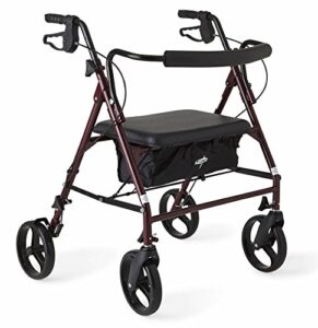 medline heavy duty rollator walker with seat, bariatric rolling walker supports up to 500 lbs, large 8-inch wheels, burgundy