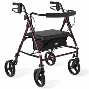 Medline Heavy Duty Rollator Walker with Seat, Bariatric Rolling Walker Supports up to 500 lbs, Large 8-inch Wheels, Burgundy