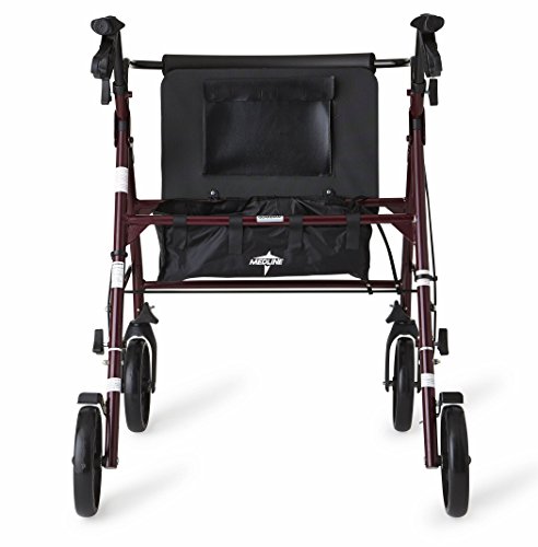 Medline Heavy Duty Rollator Walker with Seat, Bariatric Rolling Walker Supports up to 500 lbs, Large 8-inch Wheels, Burgundy