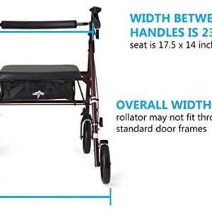 Medline Heavy Duty Rollator Walker with Seat, Bariatric Rolling Walker Supports up to 500 lbs, Large 8-inch Wheels, Burgundy