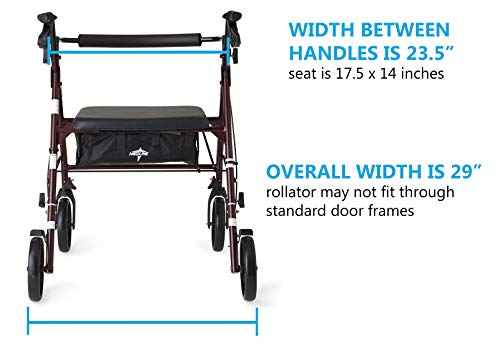 Medline Heavy Duty Rollator Walker with Seat, Bariatric Rolling Walker Supports up to 500 lbs, Large 8-inch Wheels, Burgundy