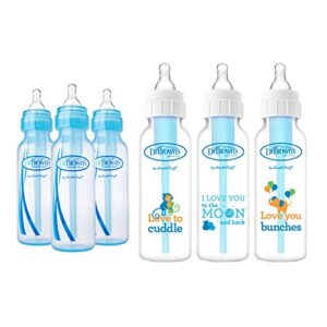 dr. browns baby bottles boys 6 pack - 3 (8 oz) blue and 3 (8 oz) clear bottles with new prints