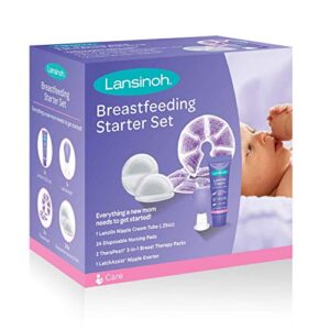 lansinoh breastfeeding starter set for nursing mothers, breastfeeding gift for baby showers and new moms, contains nursing essentials and breast therapy