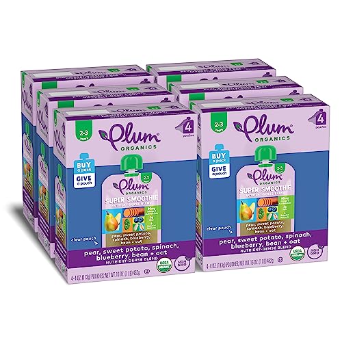 Plum Organics | Super Smoothie | Organic Baby Food Meals | Pear, Sweet Potato, Spinach, Blueberry, Beans & Oats | 4 Ounce Pouch (24 Total Pouches) Packaging May Vary