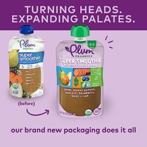 Plum Organics | Super Smoothie | Organic Baby Food Meals | Pear, Sweet Potato, Spinach, Blueberry, Beans & Oats | 4 Ounce Pouch (24 Total Pouches) Packaging May Vary