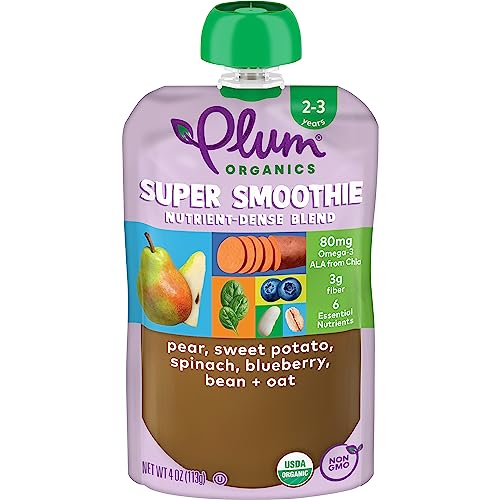 Plum Organics | Super Smoothie | Organic Baby Food Meals | Pear, Sweet Potato, Spinach, Blueberry, Beans & Oats | 4 Ounce Pouch (24 Total Pouches) Packaging May Vary