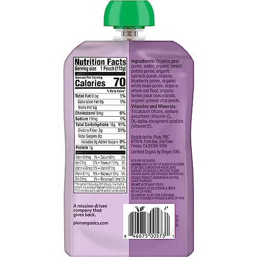 Plum Organics | Super Smoothie | Organic Baby Food Meals | Pear, Sweet Potato, Spinach, Blueberry, Beans & Oats | 4 Ounce Pouch (24 Total Pouches) Packaging May Vary