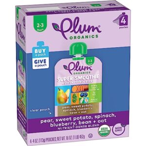 Plum Organics | Super Smoothie | Organic Baby Food Meals | Pear, Sweet Potato, Spinach, Blueberry, Beans & Oats | 4 Ounce Pouch (24 Total Pouches) Packaging May Vary