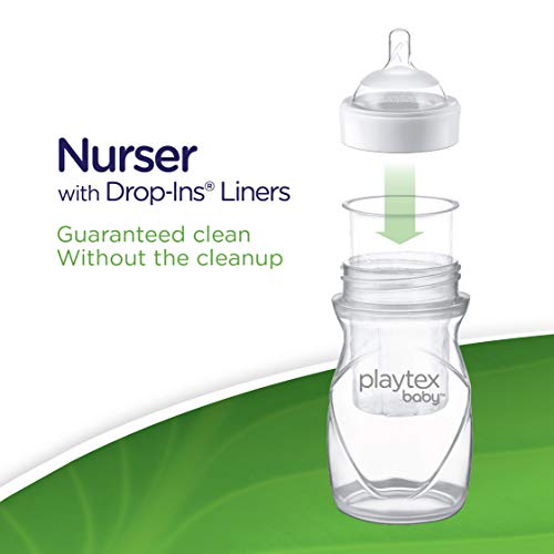 Playtex Baby Nurser Bottle with Pre-Sterilized Disposable Drop-Ins Liners, Closer to Breastfeeding, 4 Ounce Bottles, 3 Count