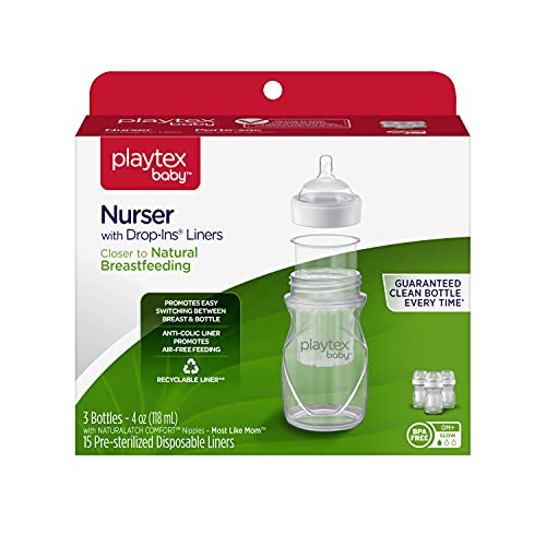 Playtex Baby Nurser Bottle with Pre-Sterilized Disposable Drop-Ins Liners, Closer to Breastfeeding, 4 Ounce Bottles, 3 Count