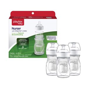 Playtex Baby Nurser Bottle with Pre-Sterilized Disposable Drop-Ins Liners, Closer to Breastfeeding, 4 Ounce Bottles, 3 Count