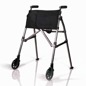 stander ez fold-n-go walker, lightweight folding rolling walker for adults, seniors, and elderly, collapsable travel walker with wheels, ski glides, and pouch, compact standard walker, black walnut