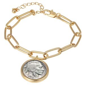 buffalo nickel coin elongated link bracelet | goldtone clip style | 7 inch 3 inch extender with lobster claw clasp | certificate of authenticity