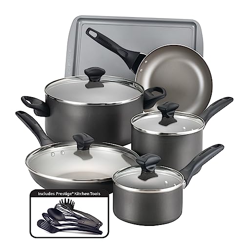 Farberware Dishwasher Safe Nonstick Cookware Pots and Pans Set, 15 Piece, Pewter