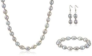 amazon collection sterling silver grey freshwater cultured pearl necklace, bracelet and dangle earrings jewelry set (8-9mm)