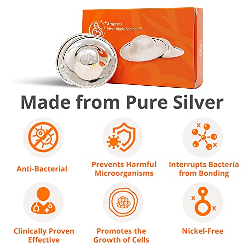 Amorini - Silver Nipple Covers for Breastfeeding Mothers, 925 Solid Silver Nipple Shields for Nursing Newborn, Protect Tender and Cracked Nipples from Rubbing on Garments, Set of 2