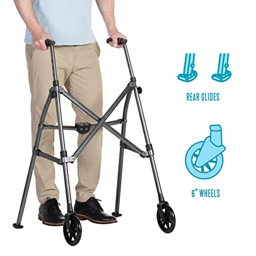 Able Life Space Saver Walker, Lightweight and Foldable Rolling Walker for Adults, Seniors, and Elderly, Compact Travel Walker with 6-inch Wheels and Ski Glides for Mobility Support, Cobalt Blue