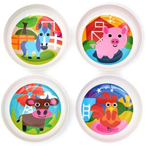 french bull 4pc toddler kids feeding melamine tableware flatware bpa free dishwasher safe, durable plate, cup, bowl, divided tray dinnerware set, farm, 4pc bowl set (74292)