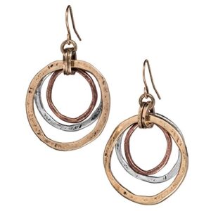 handmade sunrise tricolor dangle earrings - burnished circles, copper, brass and silverplated