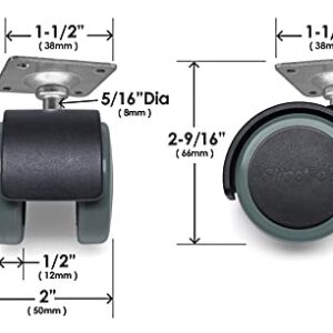 Slipstick CB681 2 Inch Floor Protector Rubber Caster Wheels (Set of 4) 5/16 Inch Stem or Top Plate Mounting Options - Black/Gray Green