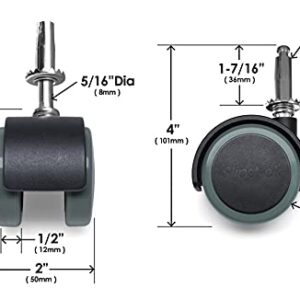 Slipstick CB681 2 Inch Floor Protector Rubber Caster Wheels (Set of 4) 5/16 Inch Stem or Top Plate Mounting Options - Black/Gray Green