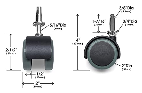 Slipstick CB681 2 Inch Floor Protector Rubber Caster Wheels (Set of 4) 5/16 Inch Stem or Top Plate Mounting Options - Black/Gray Green