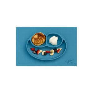 ezpz happy mat (blue) new version - 100% silicone suction plate with built-in placemat for toddlers + preschoolers - divided plate - dishwasher safe