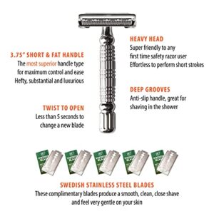 Double Edge Safety Razor by VIKINGS BLADE, Fat & Short Handle, Swedish Steel Blades Pack + Luxury Case. Twist to Open, Heavy Duty, Reduces Razor Burn, Smooth, Close, Clean Shave (Model: The Chieftain)