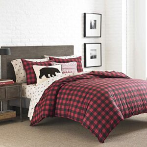 eddie bauer - queen duvet cover set, cotton reversible bedding, buffalo plaid home decor for all seasons (red/black, queen)