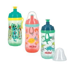 nuby 2-stage busy sipper cup with no-spill silicone spout and free-flow pop-up, 12 ounce,assorted( colors/designs may vary), 6m+, 12 oz