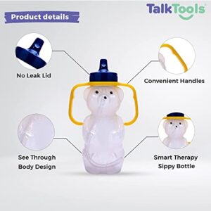 TalkTools Honey Bear Drinking Cup with 2 Straws - Special Needs Assistive Drink Container | Spill Proof & Leak Resistant Lid | Helps teach lip rounding, tongue retraction and other oral-motor skills.