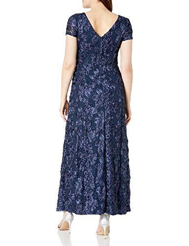 Alex Evenings Women's Long Rosette Lace Cap Sleeve Gown, Navy, 16