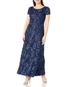 alex evenings women's long rosette lace cap sleeve gown, navy, 16