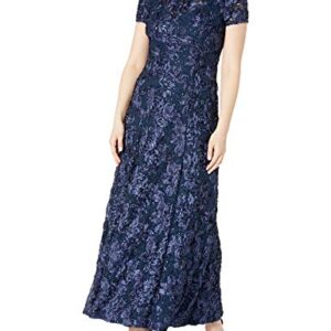 Alex Evenings Women's Long Rosette Lace Cap Sleeve Gown, Navy, 16