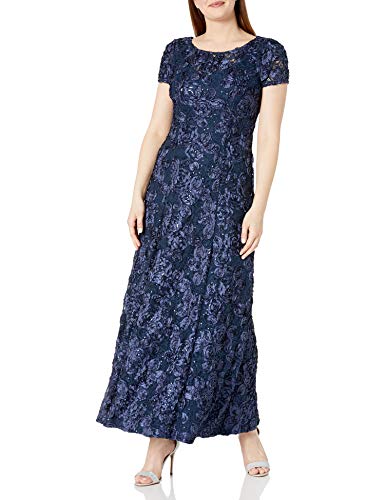 Alex Evenings Women's Long Rosette Lace Cap Sleeve Gown, Navy, 16