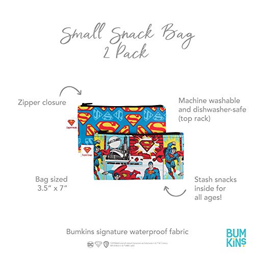 Bumkins Snack Bags, Reusable Fabric, Washable, Food Safe, BPA Free - DC Comics Superman , 7x7 Inch (Pack of 2)