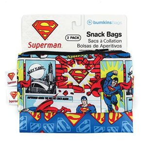 Bumkins Snack Bags, Reusable Fabric, Washable, Food Safe, BPA Free - DC Comics Superman , 7x7 Inch (Pack of 2)