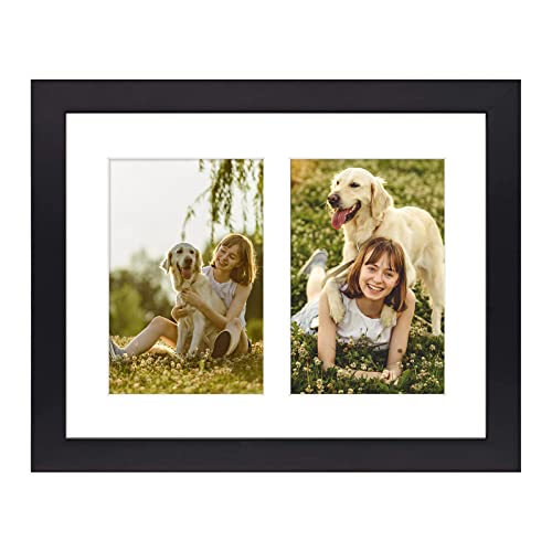 Golden State Art, 4x6 Double Picture Frame in Black - 8x10 Collage Frame, Solid Wood with Tempered Glass - Horizontal and Vertical Formats for Wall and Tabletop, 1 Pack