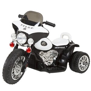 kids motorcycle ride on toy – 3-wheel battery powered motorbike for kids 3 and up – police decals, reverse, and headlights by lil’ rider (white and black)