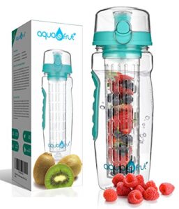 aquafrut 32 oz fruit infuser water bottle bpa-free fruit infusion sports bottle - flip top lid w drinking spout, leak proof, made of durable tritan. free recipe ebook! (teal)