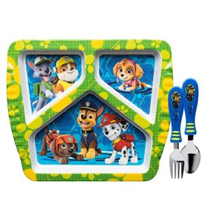 zak designs paw patrol dinnerware set includes melamine 3-section divided plate and utensil made of durable material and perfect for kids, 3 piece set, paw patrol boys 3pc