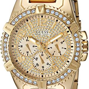 GUESS Stainless Steel Gold-Tone Crystal Embellished Bracelet Watch with Day, Date + 24 Hour Military/Int'l Time. Color: Gold-Tone (Model: U0799G2)