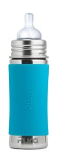 pura kiki 11oz/325ml stainless steel infant bottle w/sleeve, medium-flow nipple, for babies 3 months & up - aqua