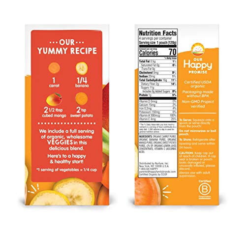 Happy Tot Organics Stage 4 Baby Food Pouches, Gluten Free, Vegan Snack, Love My Veggies, Fruit & Veggie Puree, Carrot, Banana, Mango & Sweet Potato, 4.22 Ounce (Pack of 8)