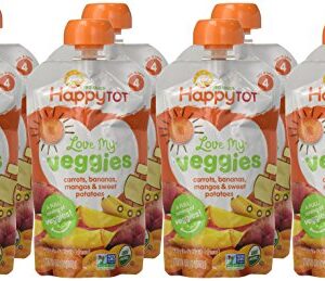 Happy Tot Organics Stage 4 Baby Food Pouches, Gluten Free, Vegan Snack, Love My Veggies, Fruit & Veggie Puree, Carrot, Banana, Mango & Sweet Potato, 4.22 Ounce (Pack of 8)